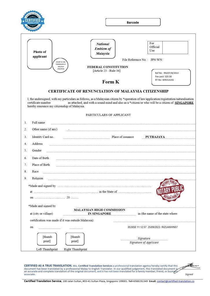 Certified and Notarised Translation of Malaysian Documents